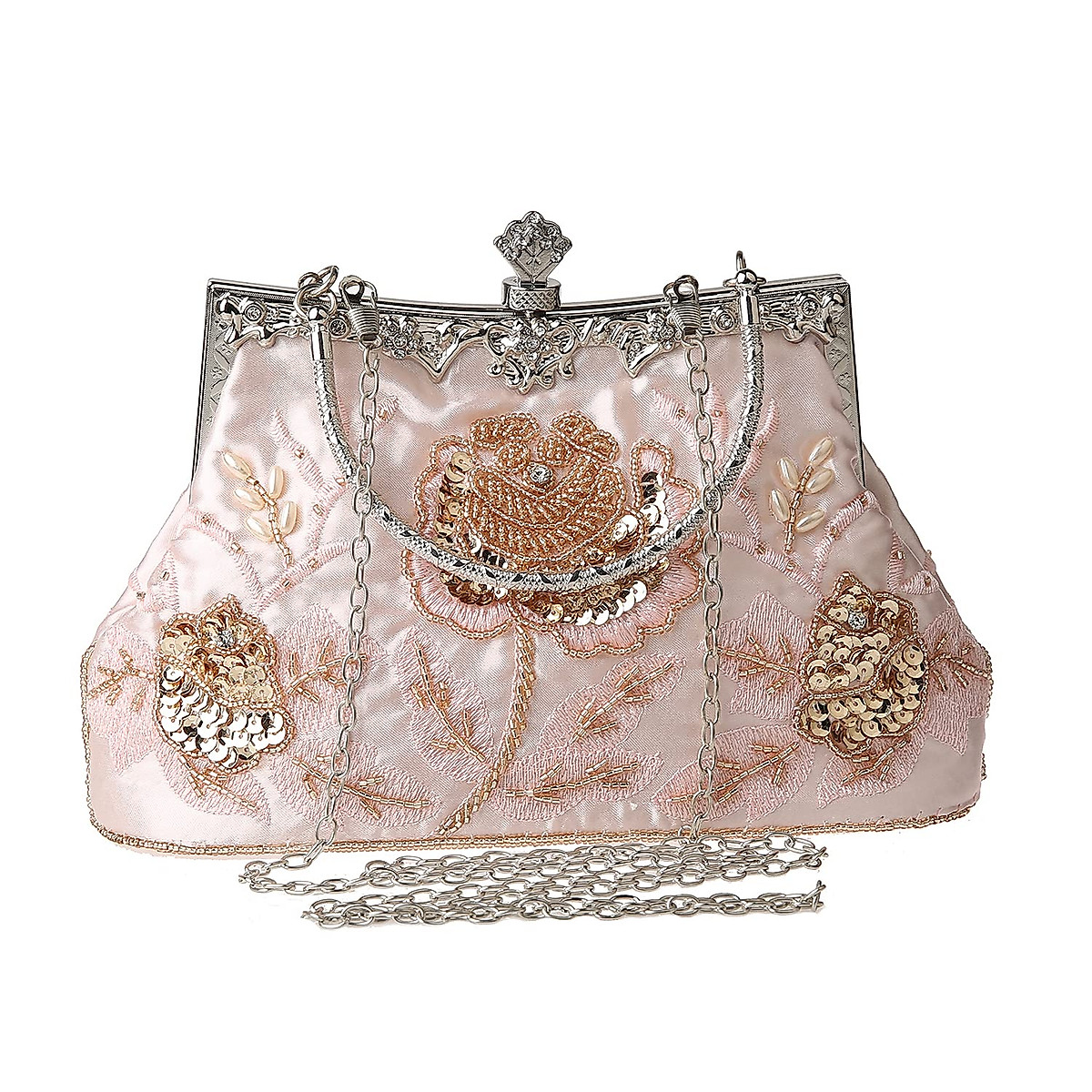 Womens Vintage Floral Beaded Rhinestone Embroidery Clutch Sequin Crossbody Bag Evening Handbag for Bridal Wedding Party Prom