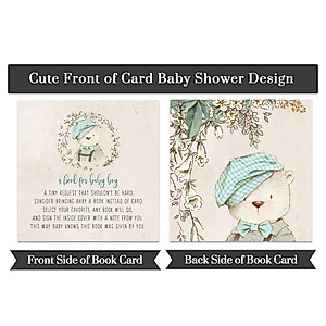 Paper Clever Party Teddy Bear Bring a Book Cards for Baby Shower (25 Pack) Boys Invitation Insert for Bow Tie Parties – Rustic Greenery Theme Blue – 4x4 Printed Card Set