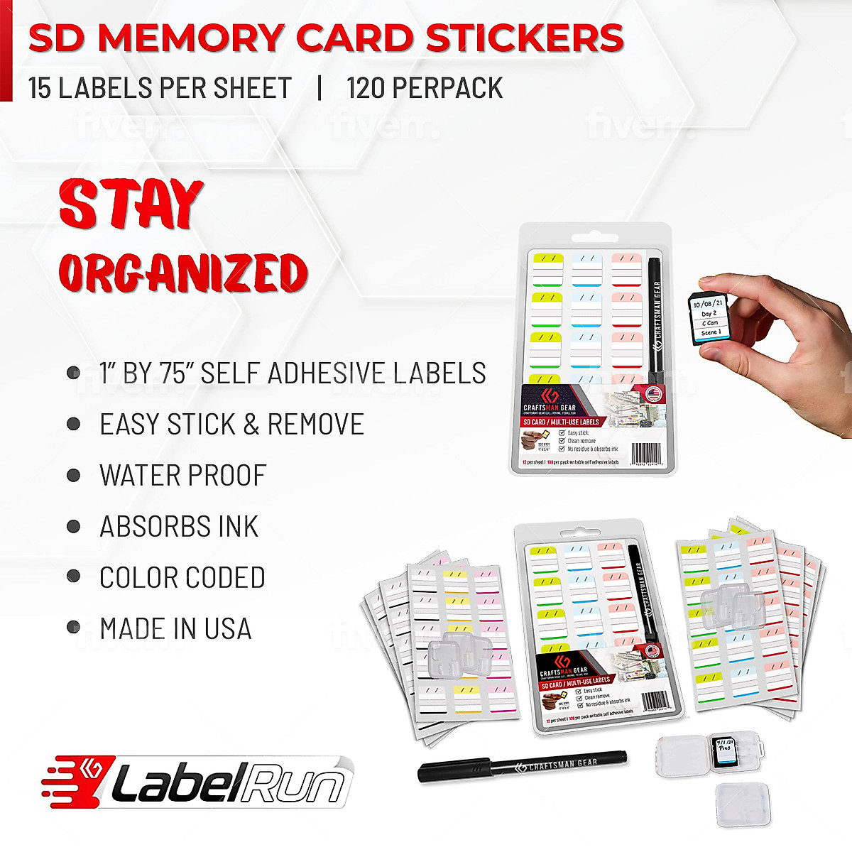 CGI Color (6) Coded Self Adhesive 120 SD Card Labels, 6 Cases, Felt Pen & Container Made in USA Removable Smudge Residue Free Writable Water Fade Resistant Stickers to Organize Memory Cards