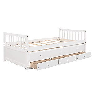 Twin Daybed with Trundle and Storage Drawers Wood Twin Size Bed Frame with 3 Drawers Wooden Platform Beds for Kids Boys Girls Teens, White