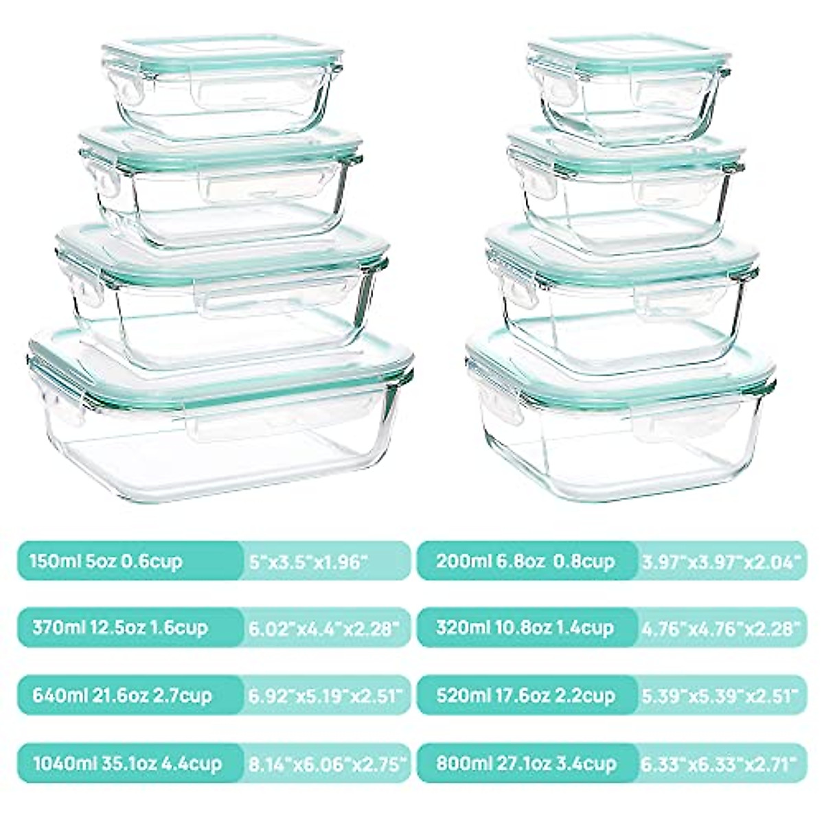 Vtopmart 8 Pack Glass Food Storage Containers with Lids, Glass Meal Prep Containers, Airtight Glass Bento Boxes with Leak Proof Locking Lids, for Microwave, Oven, Freezer and Dishwasher, BPA Free