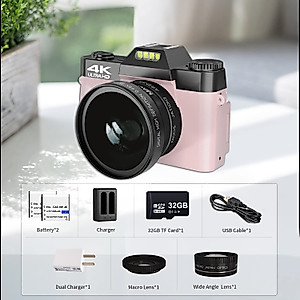 Digital Cameras for Photography VJIANGER 4K 48MP YouTube Camera for Vlogging with 3.0" Flip Screen, 16X Digital Zoom, Include 52MM Wide Angle & Macro Lens, 32GB SD Card, 2 Batteries (Re7-Pink)