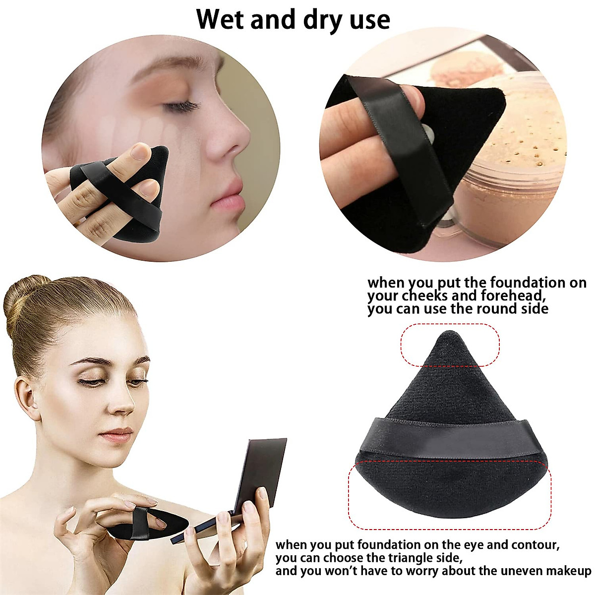 Triangle Powder Puff, 6+1 Pieces Makeup Powder Puffs and Kabuki Foundation Brush, Soft Velour Powder Puffs for Face and Body Foundation Sponge, Setting Powder Puff Wet Dry Makeup Tool