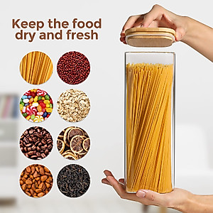 ComSaf Glass Spaghetti Pasta Storage Containers with Lids 74oz Set of 3, Tall Clear Airtight Food Storage Jar with Bamboo Lid for Noodles Flour Cereal Sugar Beans, Sqaure Spaghetti Pantry Container