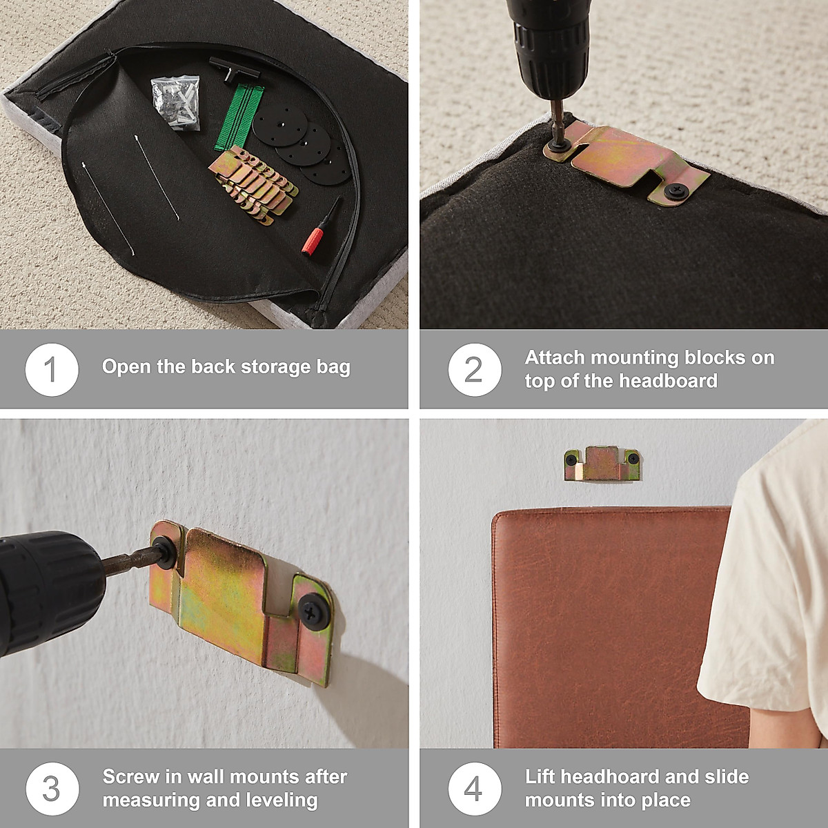 Iroomy Wall Mounted Headboard King with Brown Faux Leather Straps, Faux Leather Upholstered Headboard with Adjustable Heigh Headboard, King Headboard with Metal Bar for Dining Room, Bedroom, Brown