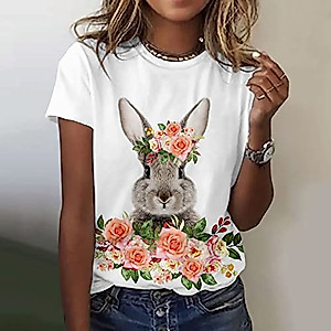 Womens Spring Summer Rabbit Printed Short Sleeve O Neck T Shirt Top Orange