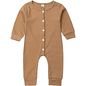 Kuriozud Newborn Infant Unisex Baby Boy Girl Long Sleeve Button Solid Knitted Romper Bodysuit One Piece Jumpsuit Summer Outfits Clothes (Long Sleeve Jumpsuit Brown, 0-3 Months)