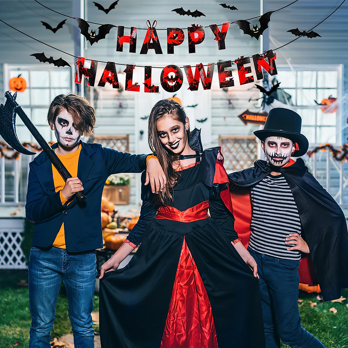 MiniRed Halloween Banner, Happy Halloween Bunting Banner with Bats, Premium Horror Halloween Party Decorations Supplies (With 12PCS 3D Bat Stickers)