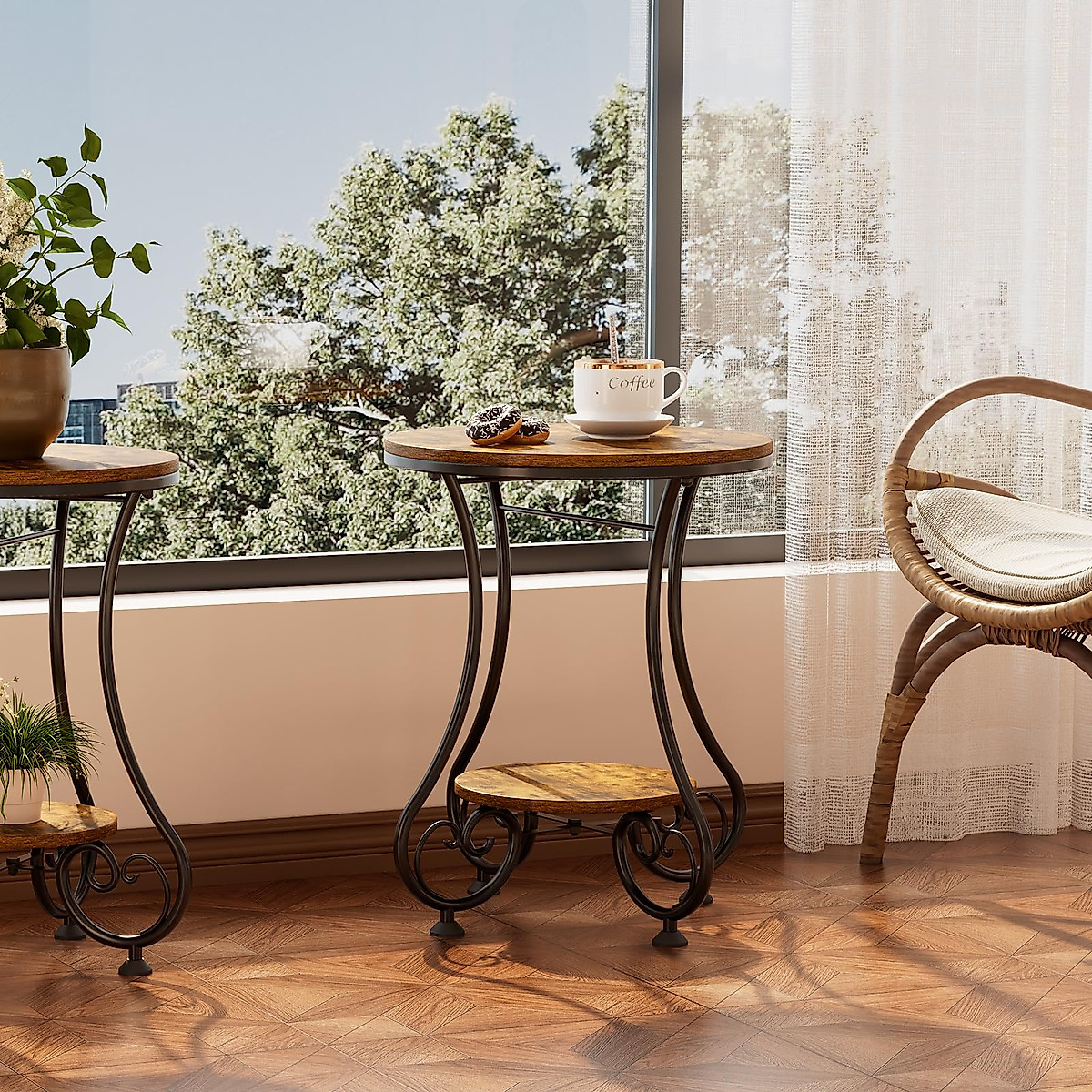 X-cosrack Round End Table, Industrial Retro Round Side Table for Small Spaces, Coffee Table for Living Room Balcony Bedroom Office,Stable Wood and Metal Frame,17.72" L x 17.72" W x 24.22" H