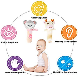 Funsland Baby Rattles Toys Soft Plush Hand Rattles Hand Grip Toys Stuffed Animal Rattles Shaker for 3 6 9 12 Months Infants Newborn 2 Pack