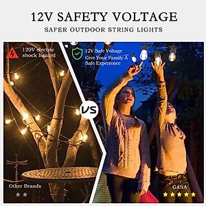 GANA Patio Lights, LED Outdoor String Lights 48FT, 2200K 12V Safe Voltage, 15 LED Shatterproof S14 Model Bulbs, IP65 Waterproof Commercial Grade Patio Lights, Decorative for Garden or Patio