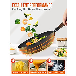 BrBrGo Carbon Steel Wok Pan, 5 Piece Authentic Chinese Wok & Stir-Fry Pans Set with Wooden Lid, No Chemical Coated Flat Bottom Chinese Woks Pan for All Stoves-13“