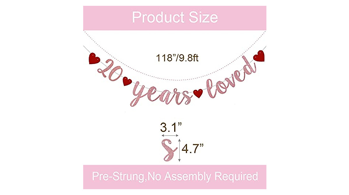 20 Years Loved Rose Gold Banner - Pre-Strung 20th Party Decor