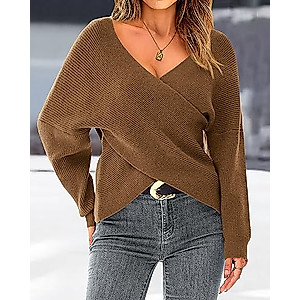 KIRUNDO 2023 Fall Winter Women's Long Sleeve Cross Wrap V Neck Knit Sweater Off Shoulder Backless Casual Pullover Tops(Camel, Small)