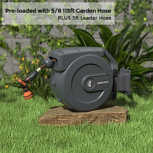 Giraffe Tools AW505/8 Retractable Garden Hose Reel 5/8" x 115+5 ft, Heavy Duty Wall Mounted Water Hose Reel Automatic Rewind, 180 Deg Swivel Bracket, Slow Retraction, 115ft, Dark Grey