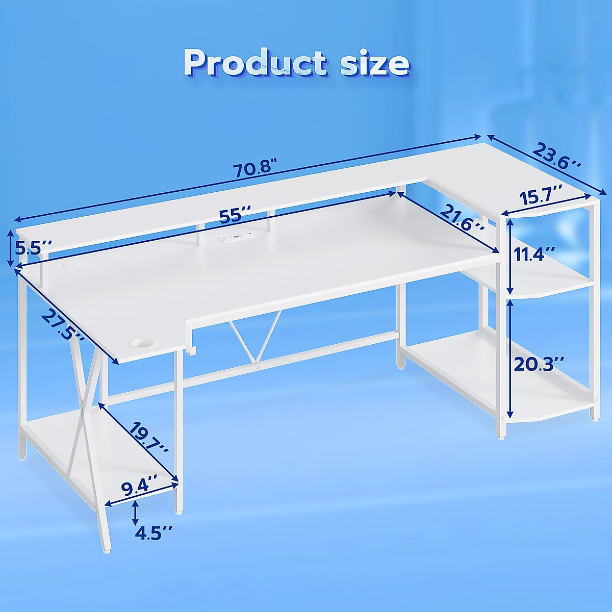 SEDETA White Gaming Desk 70.8'' with LED Lights and Storage Shelves, Computer Desk with Monitor Stand, Power Outlets and Cup Holder, Large PC Gamer Desk, Gaming Table for Bedroom, Living Room