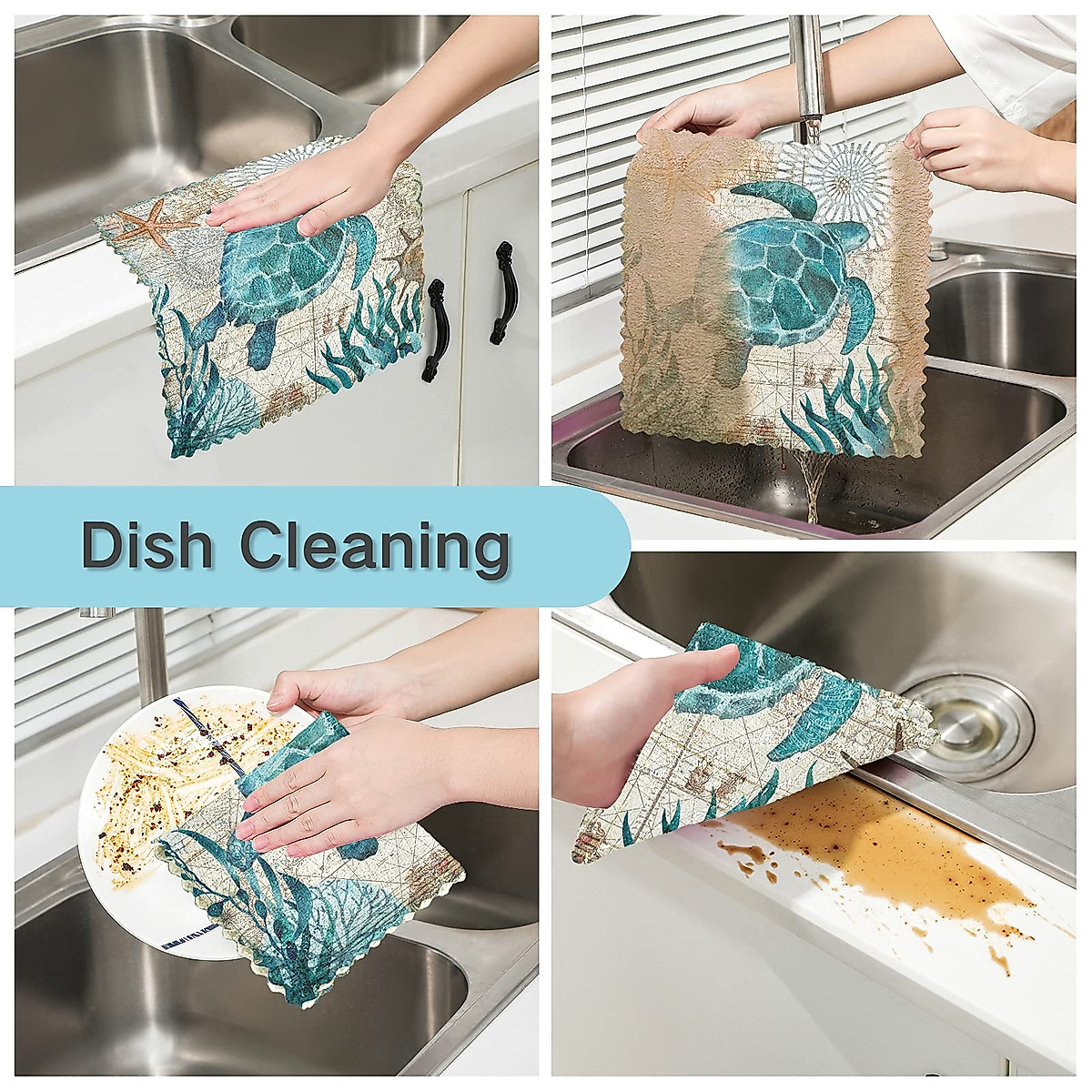 Sea Turtle Starfish Ocean Dish Towel Cleaning Cloth Retro World Map Kitchen Bath Hand Towels 11x11 IN Super Absorbent Lint Free Tea Bar Car Soft Towel Kitchen Accessories Set of 6