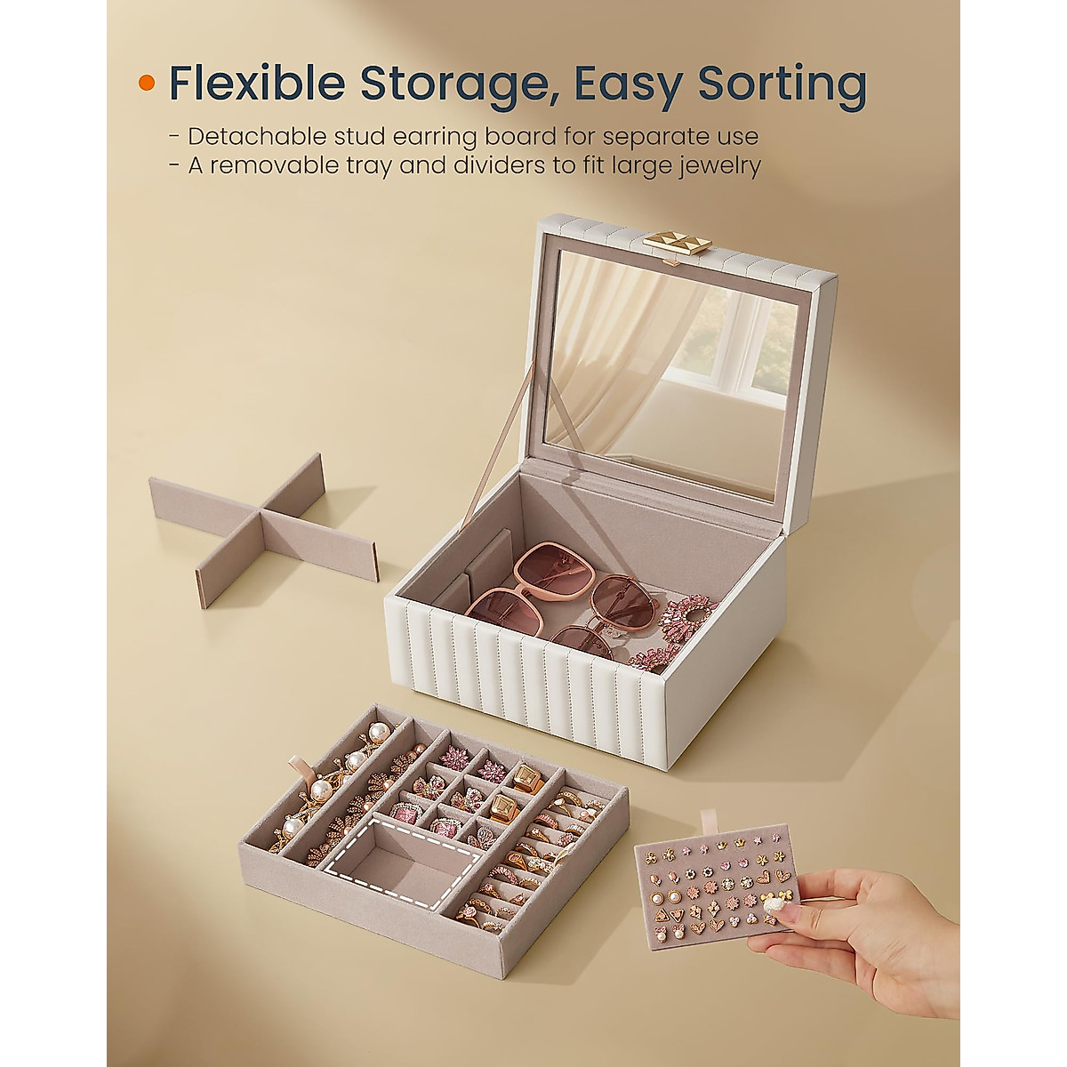 SONGMICS HOME ANAH Collection - 2-Tier Jewelry Box with Mirror, Jewelry Organizer, Removable Tray, PU Surface with Stitching, Floating Effect, 8.5 x 9.4 x 5.3 Inches, Christmas Gift, Cloud White