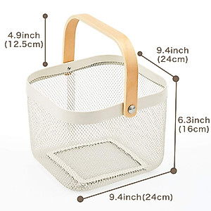 EZOWare Set of 3 Metal Mesh Steel Baskets with Wood Handle, Fruit Vegetable Wire Storage Organizer Bins for Kitchen Bathroom Pantry Organization, Garden, Picnic - White