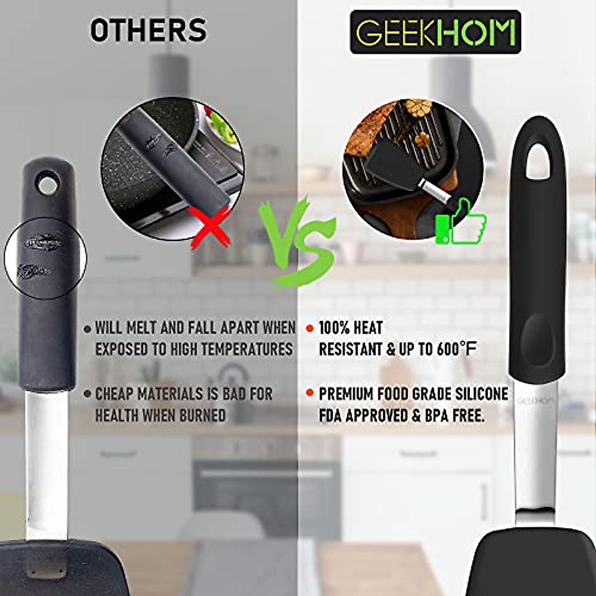 GEEKHOM Silicone Spatula Turner 2 Pack for Nonstick Cookware,600°F Heat Resistant Flexible Kitchen Small Spatulas Set,Cooking Utensils Non Scratch or Melting Flipper,Ideal for Egg,Pancake Baking