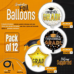 KatchOn, Congrats Grad Balloon Set - Big, 18 Inch, Pack of 12 | Congrats Grad Balloons, 2024 Graduation Party Decorations | Black and Gold Graduation Balloons, Graduation Decorations Class of 2024
