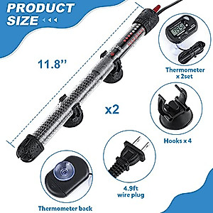 Dreyoo 2 Set Aquarium Fish Tank Heater, Submersible Aquarium Heater with Thermometers and Suckers, Adjustable Knob Aquarium Water Heater Built-in Thermostat for Aquariums (300 W)