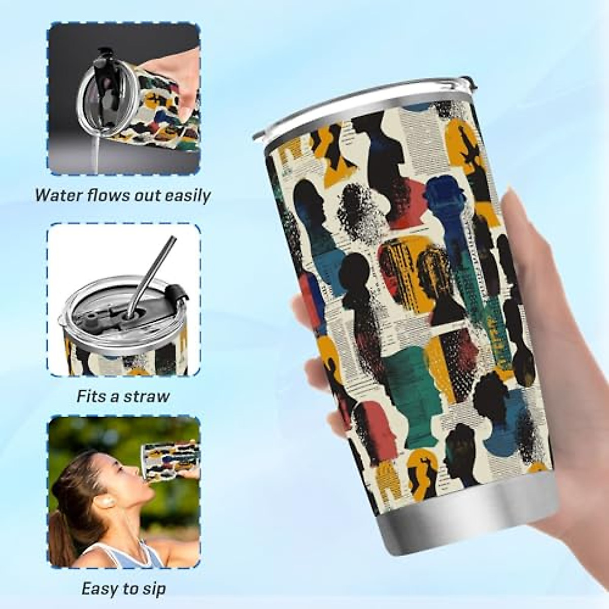 People Silhouette Art Street Stainless Steel drinking cups with lids with Lid and Straw travel mug for Home, Office or Car safe tumblers with lids and straws 20 OZ