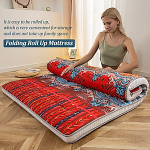 HIGOGOGO Japanese Floor Futon Mattress for Adults, Roll Up Sleeper Sofa Bed Mattress Replacement, Foldable Floor Bed Shikibuton Sleeping Pad, Pull Out Couch Mattress for Guest, Kids, Bohemian, Full