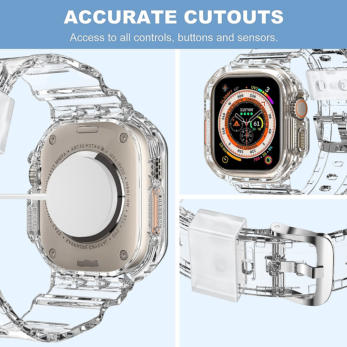 XYF Compatible for Crystal Clear Apple Watch Ultra 2 Bands, 49mm Bumper Case Men Women Jelly Cover Strap for iWatch Ultra 2/1 Series 9 8 7 SE 6 5 4 3 2 1 (CrystalClear, 49)