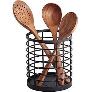 WDT Tool Utensil holder for Kitchen Counter - 5.2" x 5.2" x 6" Large Round Utensils Holder with Wooden Base Matte Black Cooking Utensil Holder，Kitchen countertop Utensil Organizer (Metal)