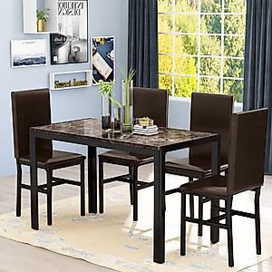 AWQM Dining Table Set for 4, Modern Kitchen Table and Chairs for 4, Faux Marble Table and 4 Upholstered Chairs with Metal Frame, Ideal for Breakfast Nook, Dining Room, Kitchen- Brown
