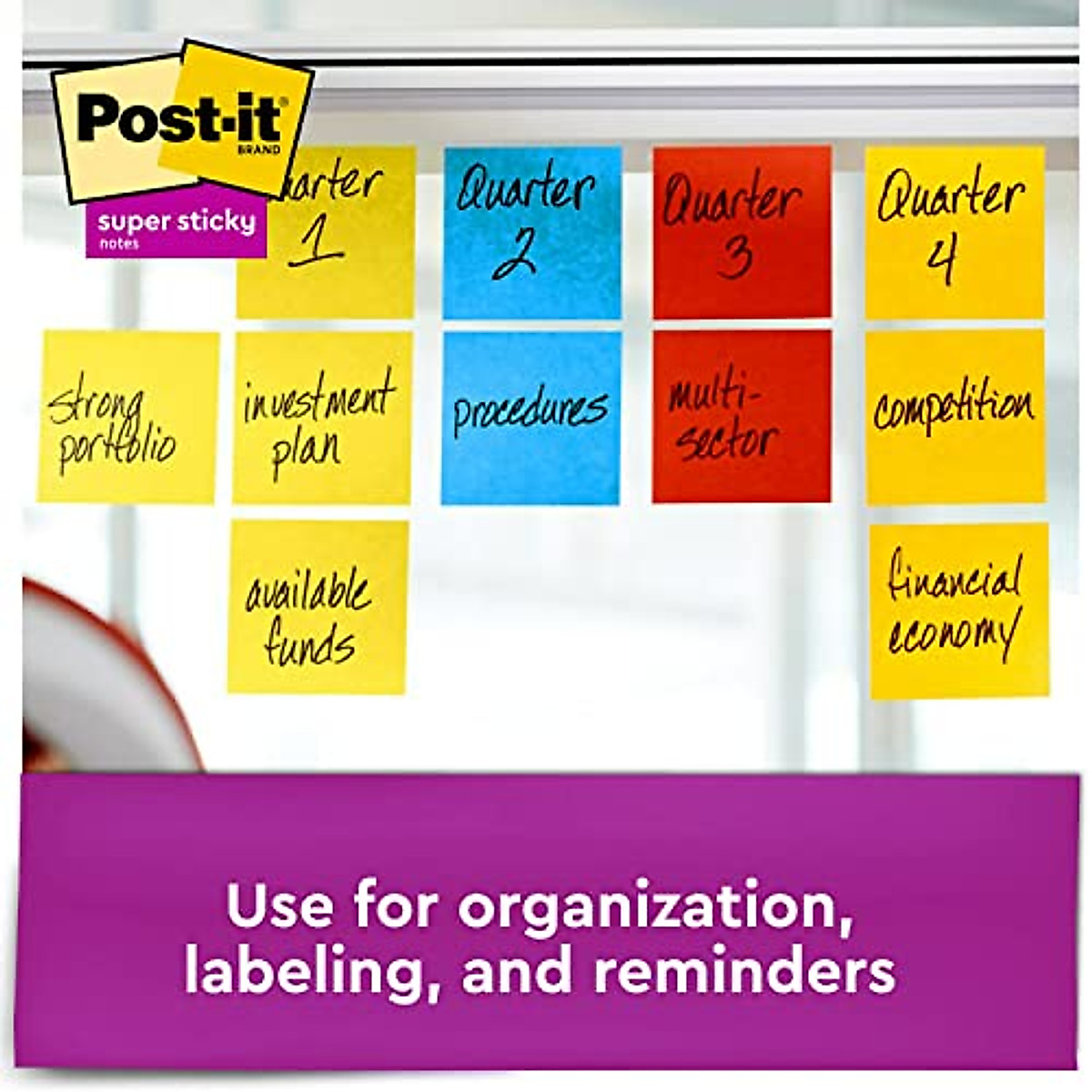 Post-it Super Sticky Notes, 3x3 in, 12 Pads, 2x the Sticking Power, Assorted Bright Colors, Recyclable (654-15SSMULTI2)