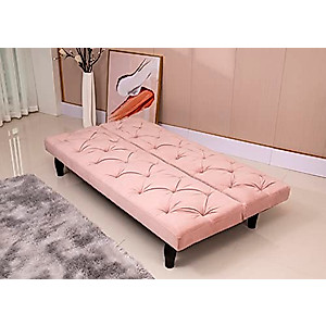 66"Modern Velvet Futon Sofa Bed,Convertible Folding Sleeper Sofa with 3 Angles Adjustable Back,Wood Legs,Small Couch Bed Recliner for Small Space,Living Room Bedroom Apartment Dorms Office (Pink)
