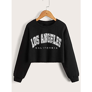 SOLY HUX Girl's Letter Graphic Crop Sweatshirt Round Neck Drop Shoulder T Shirt Pullover Tops Black 11-12Y