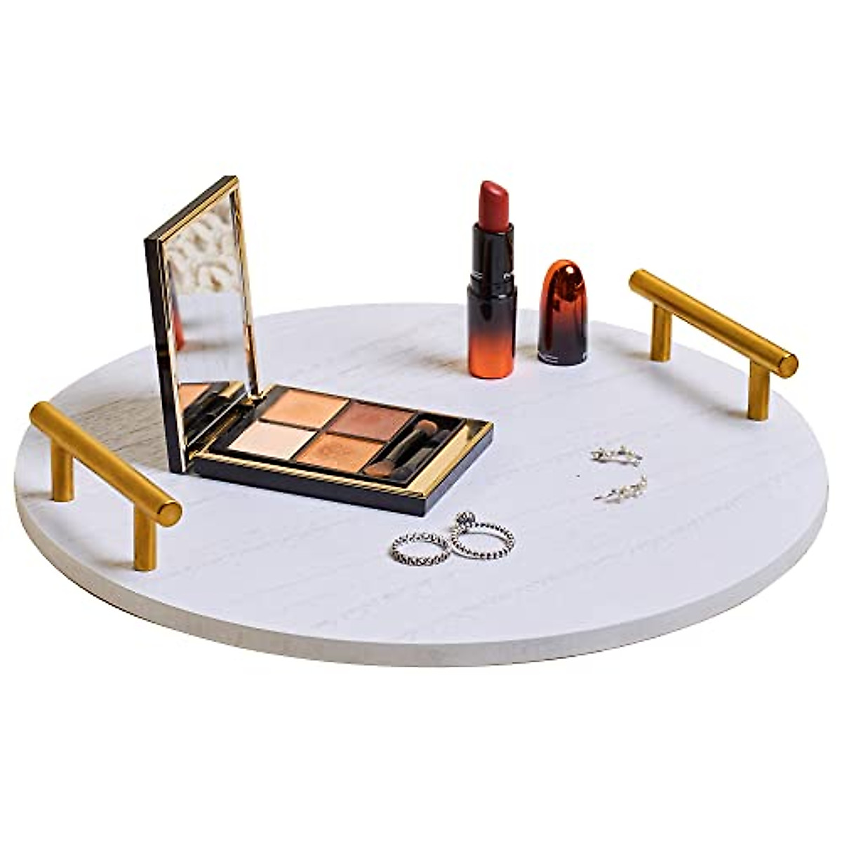 Defined Deco Round Wood Tray,Decorative Tray and Round Serving Tray, 11.6" Round Tray with Gold Metal Handles, Decorative Trays for Home Decor,Coffee Table and Ottoman, Farmhouse Serving Tray, White