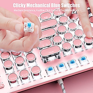 TISHLED Pink Typewriter Style Mechanical Gaming Keyboard White LED Backlit, 104-Key Anti-Ghosting Blue Switch Retro Steampunk Round Keycap Multifunction Knob Metal Panel Wired USB for PC, Mac, Laptop