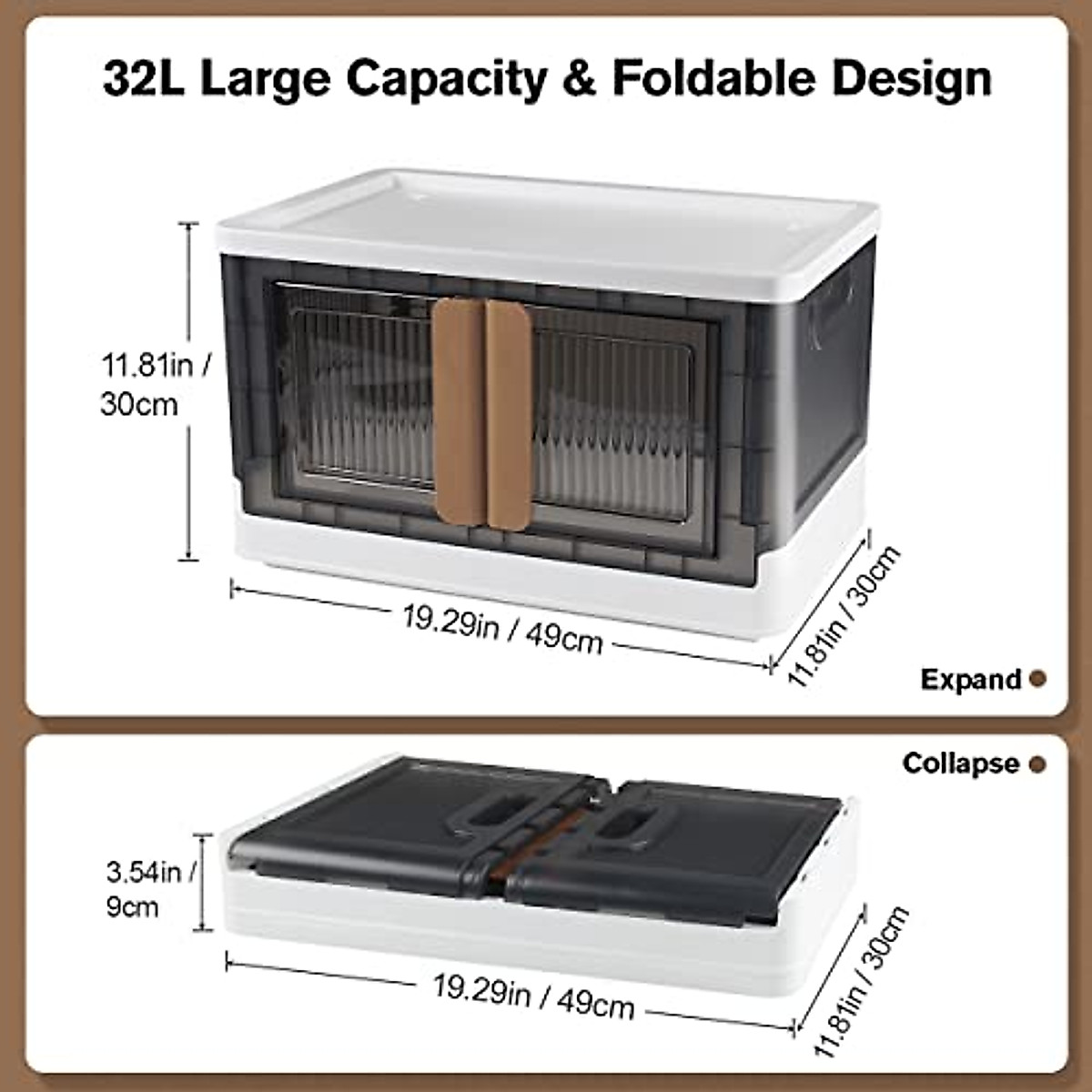 MOSFiATA Storage Bins with Lids - 8.4Gal Stackable Storage Bins, Folding Storage Box for Closet Organizer, Plastic Collapsible Storage Bins with 2 Doors & Wheels for Home Kitchen,1 Pack