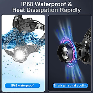 Headlamp Rechargeable, 150000 Super Bright Headlamp Flashlight with 8 Modes & Sensor Function, Zoom, Battery Powered Detachable, IP67 Waterproof USB Head Lamp for Camping, Hunting