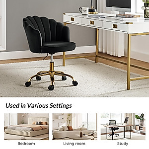 HULALA HOME Velvet Home Office Desk Chair, Modern Shell Back Makeup Vanity Chair with Wheels, Swivel Height Adjustable Cute Task Chair for Women Girls, Black
