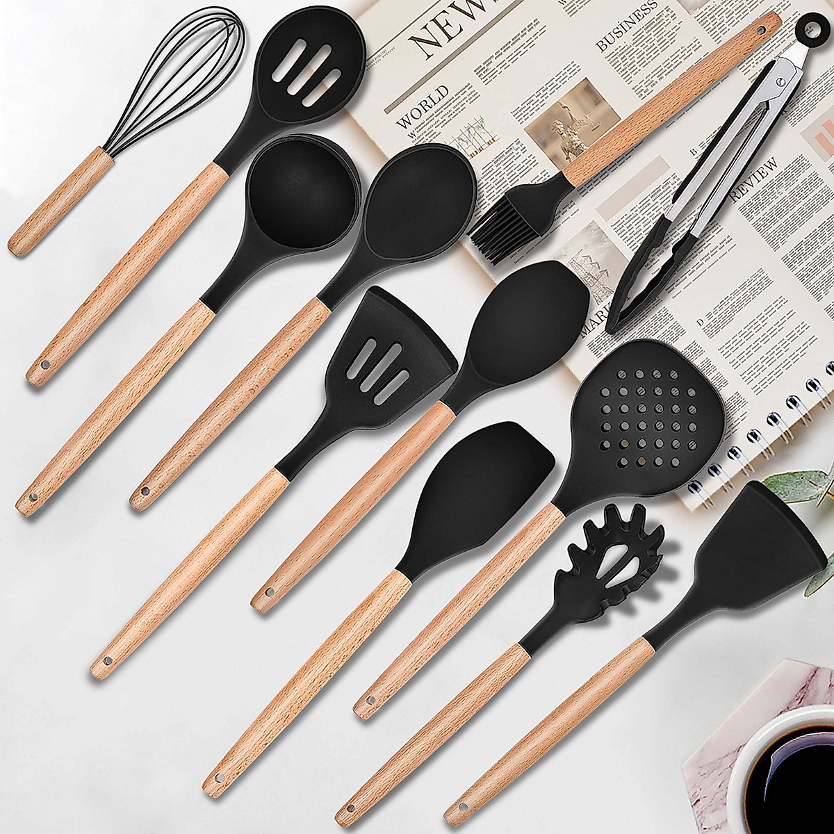 Homikit 25-Piece Kitchen Cooking Utensils Set with Holder, Silicone Spatula Spoon Ladle Turner Skimmer for Nonstick Cookware, Kitchen Tools Gadgets with Wooden Handle, Black