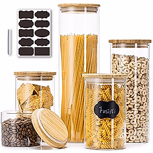 coccot Glass Jars with Bamboo Lids, Glass Food Storage Jars with Wood Lids for Pantry, Glass Canisters Sets with Wood lid for the Kitchen, 5 Pack Glass Storage Containers with Stackable Lids