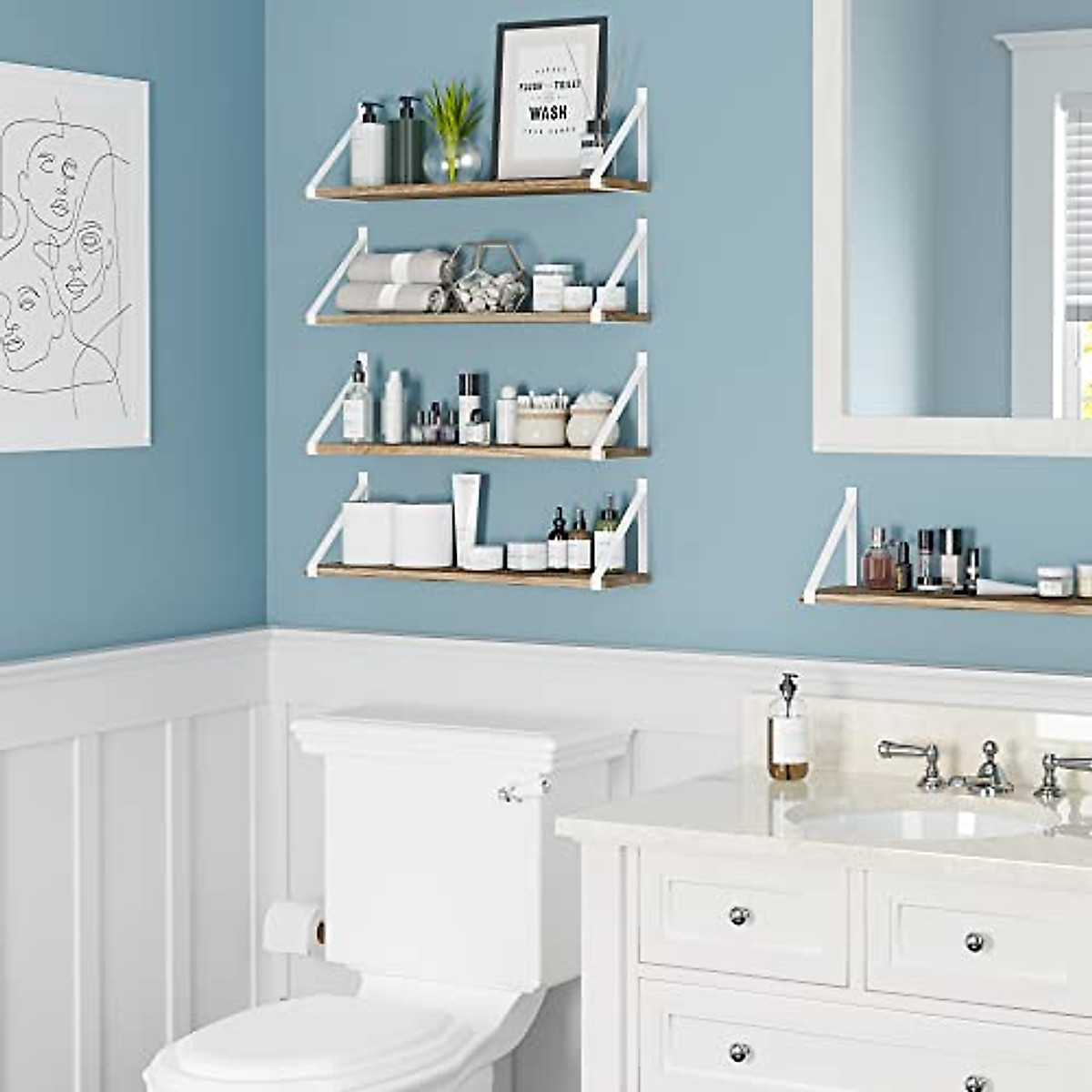 Wallniture Bora 24"x6" Floating Shelves for Wall Decor, Bookshelf Living Room Decor, Wall Shelves for Bedroom Decor, Bathroom Shelves, Kitchen Floating Shelf Burnt Set of 5