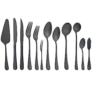 Matte Black 4 Piece Pie Server 8.85-inch Pizza Cutter Knife Spatula Slice Stainless Steel Table Flatware Set Cake Server Serving Utensils Silverware Dishwasher Safe for Party