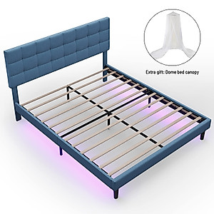 MegaChunk Queen Size Upholstered Platform Bed with Adjustable Linen Headboard and RGB Lights - Sturdy Bed Slats System, No Box Spring Needed - Blue