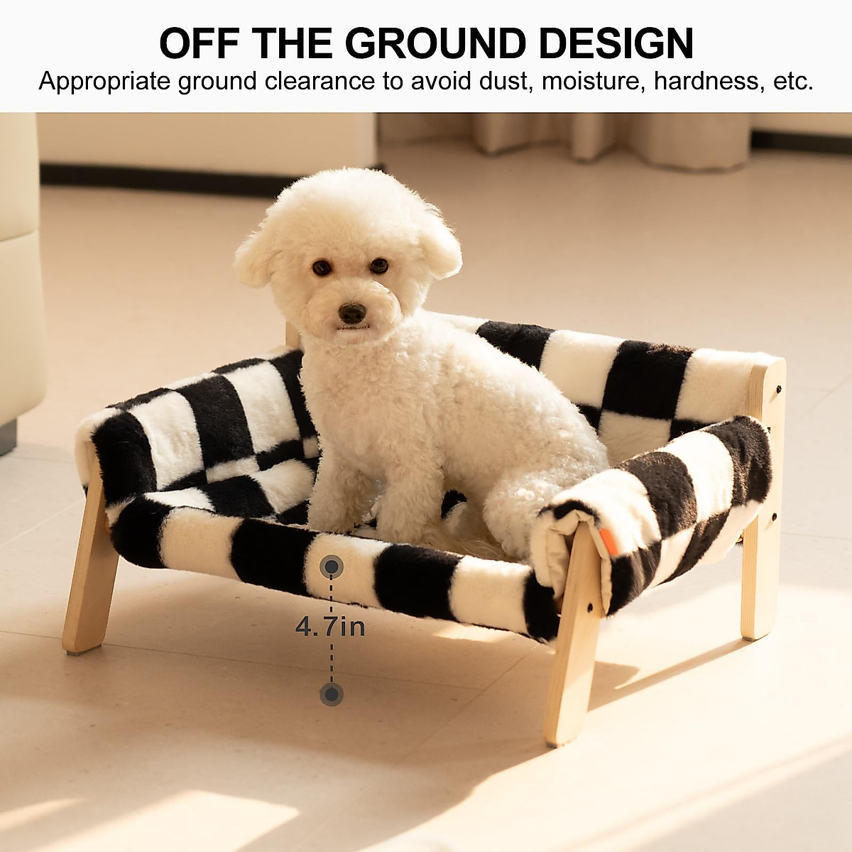 MEWOOFUN Cat Couch Bed, Pet Sofa for Indoor Cats Wooden Indoor Elevated Cat Beds with Removable Mattress Cover Suitable for Kitty, Puppy or Small Animal (Chessboard, Medium)