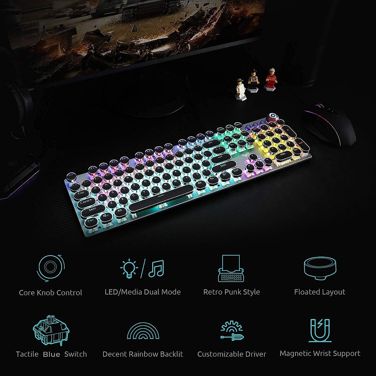 AULA F2088 Typewriter Style Mechanical Gaming Keyboard Blue Switches,Rainbow LED Backlit,Removable Wrist Rest,Media Control Knob,Retro Punk Round Keycaps,USB Wired Computer Keyboard