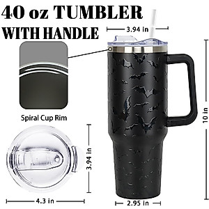 qynspngs 40 oz Halloween Tumbler with Lid and Straw - 5D Bat Print Tumblers with Handle Halloween Stainless Steel Insulated Travel Cup Black Coffee Cups Gifts for Women Men Adults