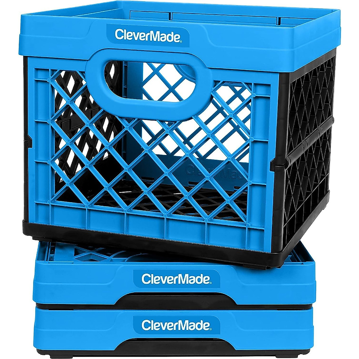 CleverMade Collapsible Milk Crate, Neptune Blue, 3PK - 25L (6 Gal) Stackable Storage Bins, Holds 50lbs Per Bin - Clevercrates are Heavy Duty, Plastic Collapsible Storage Crate for Multi Purposes