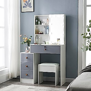 YAMISSI Dressing Table Dresser Desk with Lights, Multifunctional Vanity Table Makeup Desk Set with 3 Drawers, Large Sliding Mirror and Soft Cushioned Stool for Girls and Women.