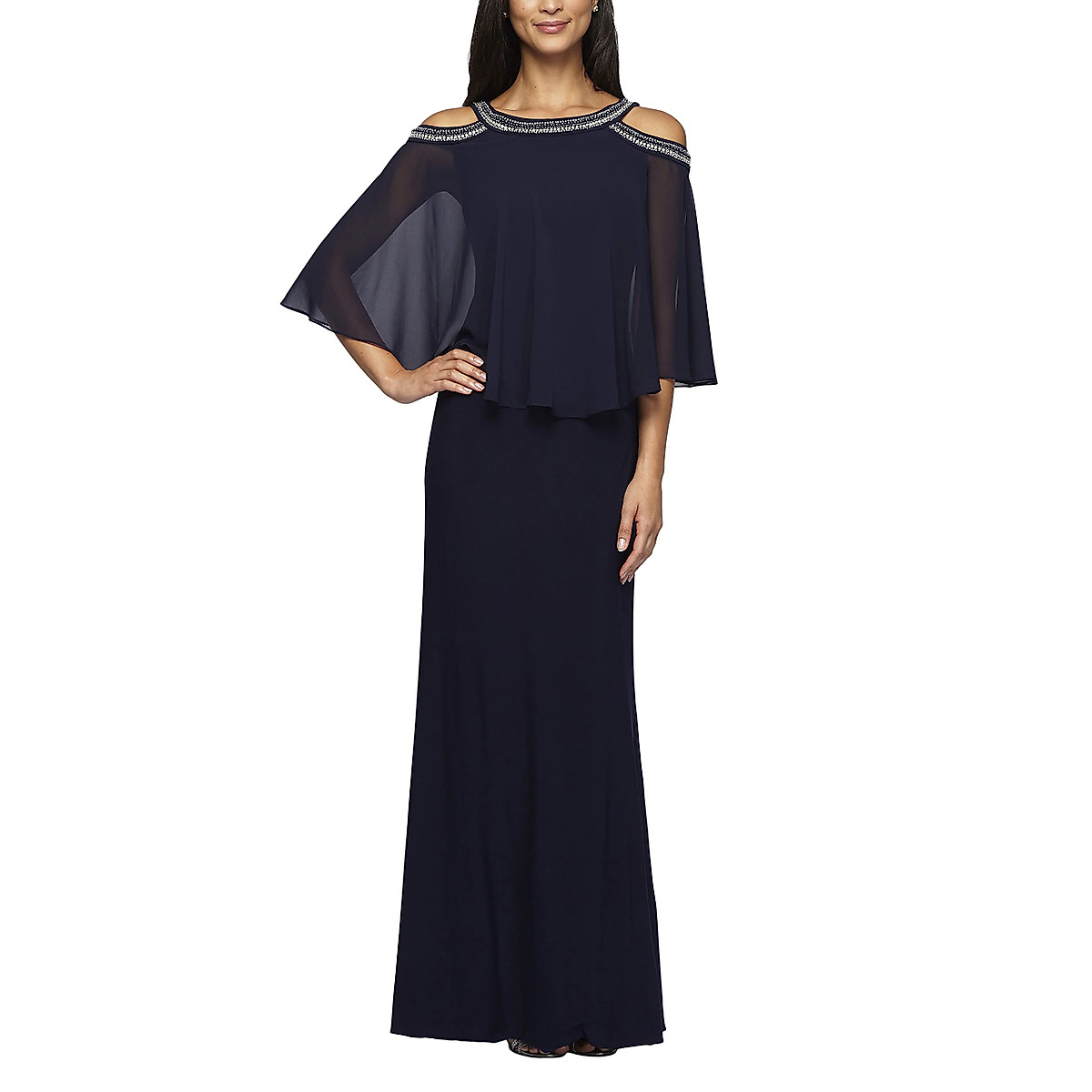 Alex Evenings Women's Cold Shoulder Popover Dress, Navy, 18